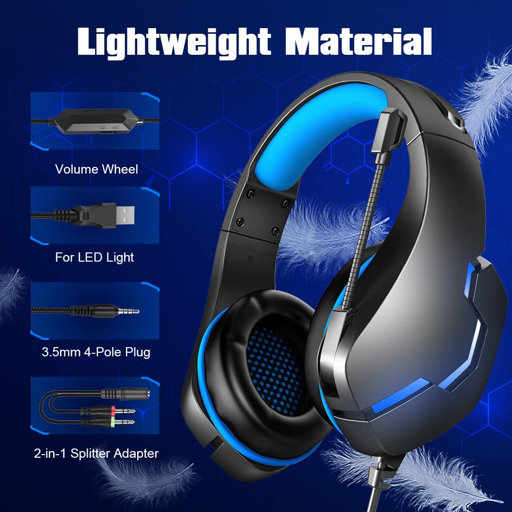 Kicoeon Gaming Headset with Microphone for PC PS4 PS5 Xbox One, Gaming Headphones 7.1 Surround Sound, Soft Memory Earmuffs, LED Light, Lightweight Over Ear Headset Wired for Switch Mac Laptop