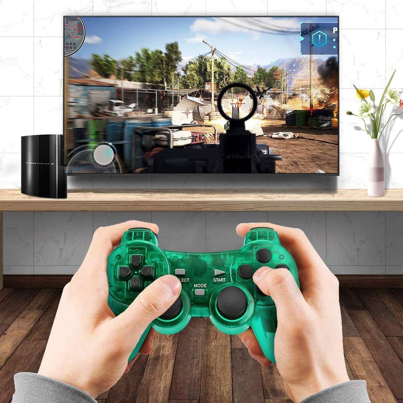 JINHOABF Wireless Controller for PS2,Built-in Dual Vibration 2.4G Gamepad Joystick Compatible for PS2 Controller,with Wireless Receivers (2PACK, Clear Green and Clear Purple)