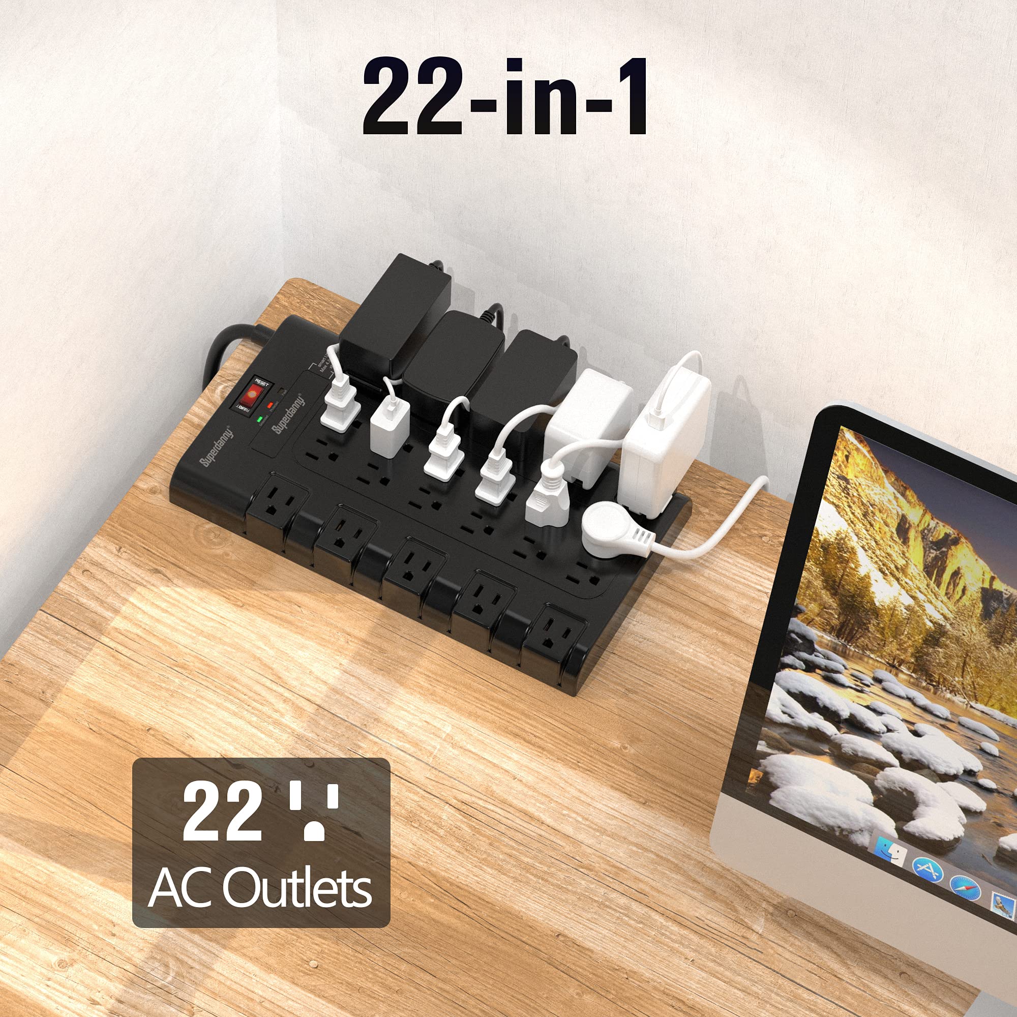 Power Strip Surge Protector, SUPERDANNY 22 AC Multiple Outlets, 2100 Joules, 1875W/15A, 6.5Ft Flat Plug Heavy Duty Extension Cord for Home, Office, Dorm, Gaming Room, Black