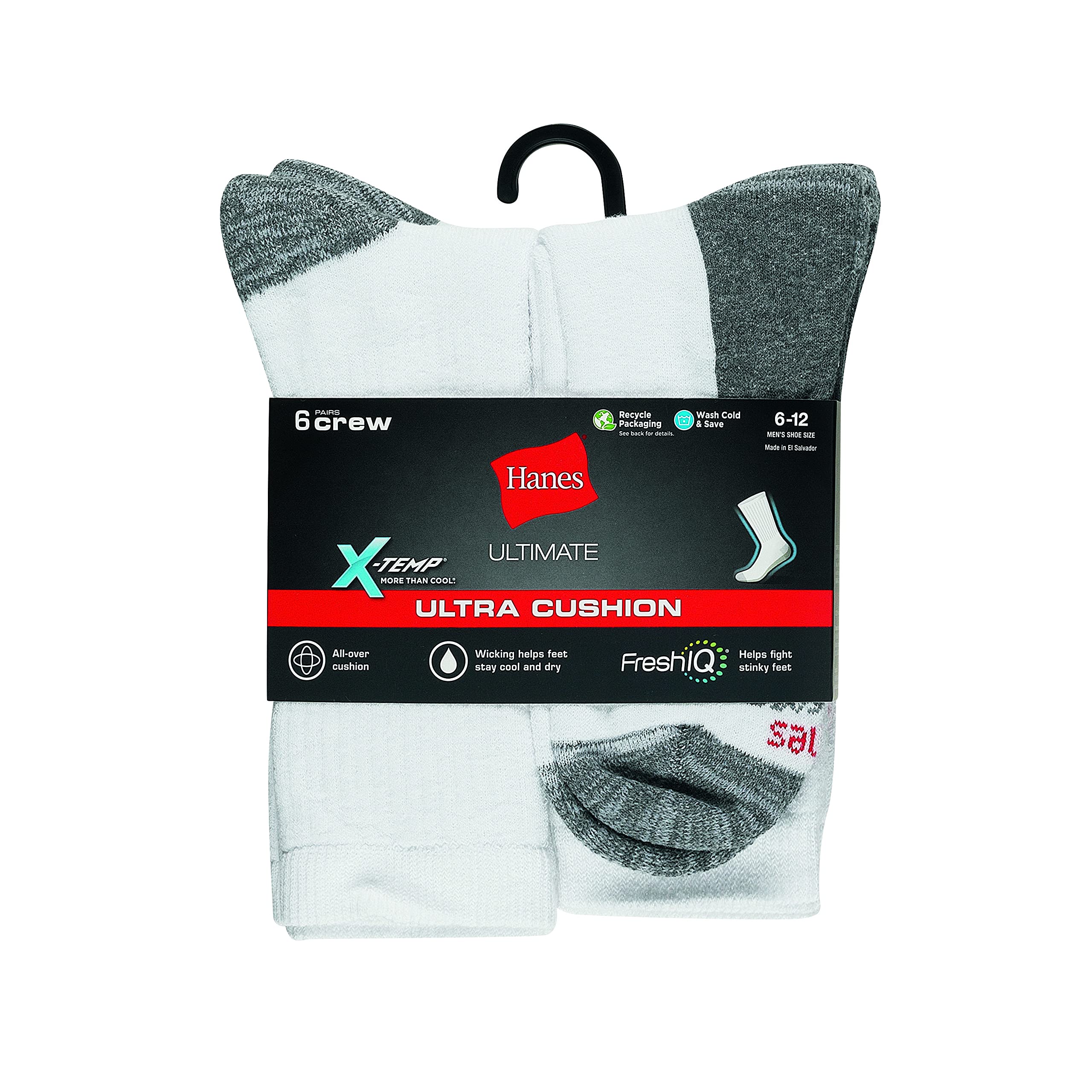 Hanes Ultimate Men Socks, 6-pair Hanes Ultimate Men s 6 Pack Ultra Cushion FreshIQ Odor Control with Wicking Crew Socks Black, Black, One Size US