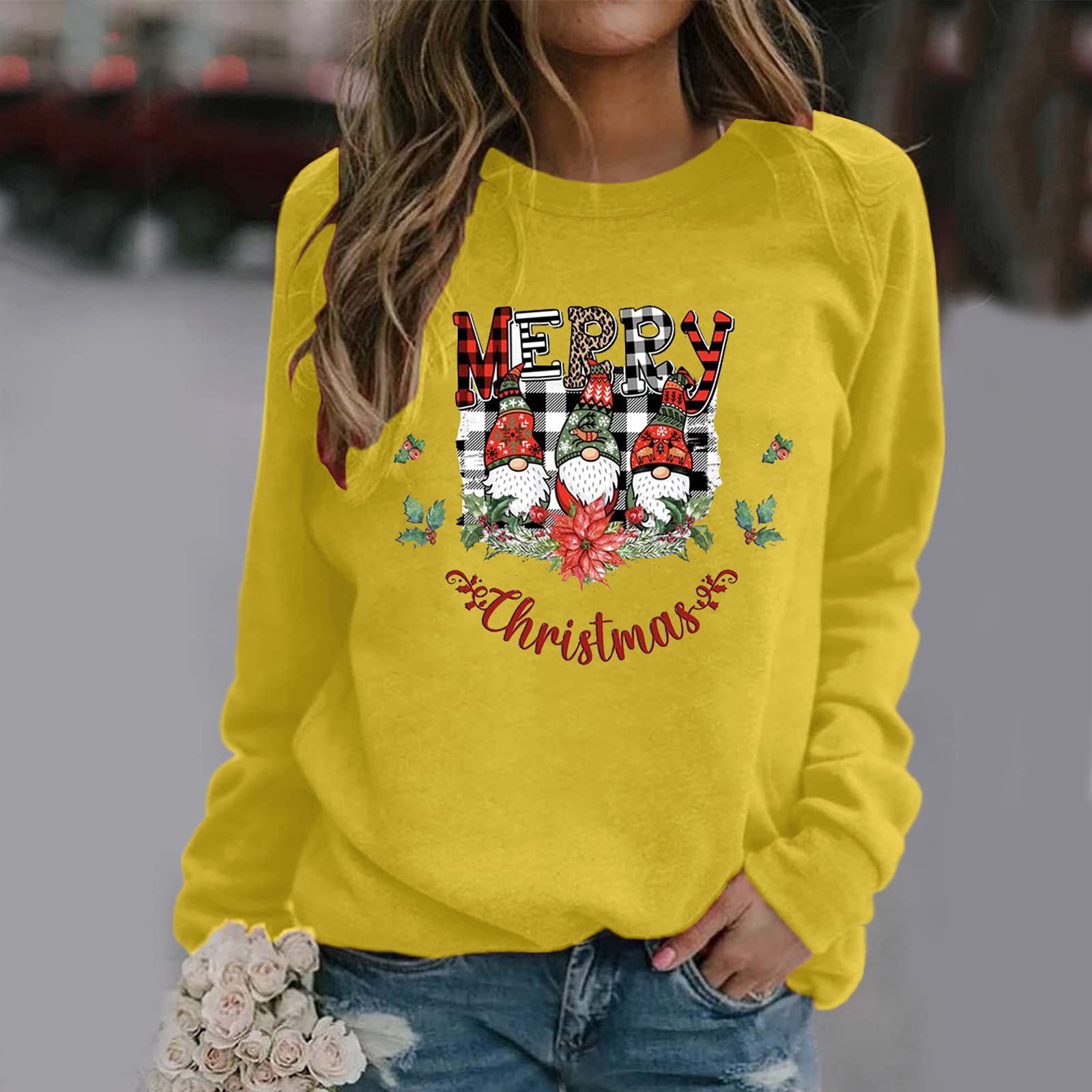 Pullovers For Women Graphic Funny Christmas T-Shirt Long Sleeve Festival Shirts Flowy All-match Pullovers Christmas Tops Yellow