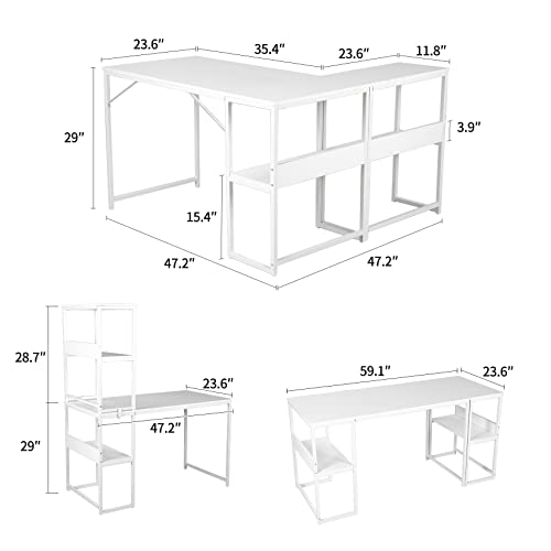 UNICOO β Muti-Function 3 Combination Computer Desk. L Shaped Computer Desk with Shelves, Study Desk with Reversible Storage Shelves for Home Office (XJH-2402 - White)