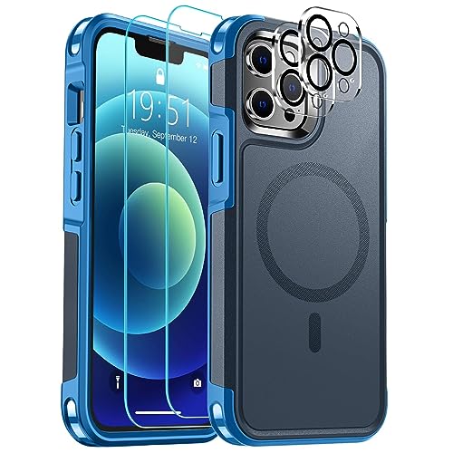 SUPFINE Magnetic for iPhone 12 Pro Max Case (Compatible with MagSafe) (12 FT Military Grade Drop Protection) 2X(Tempered Glass Screen Protector and Camera Lens Protector) Non-Slip Case, Deep Blue