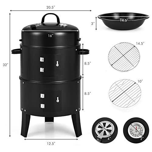 Smoker Grill,3-in-1 Outdoor Smokers, Charcoal Grills Cambo with Built-in Thermometer for BBQ