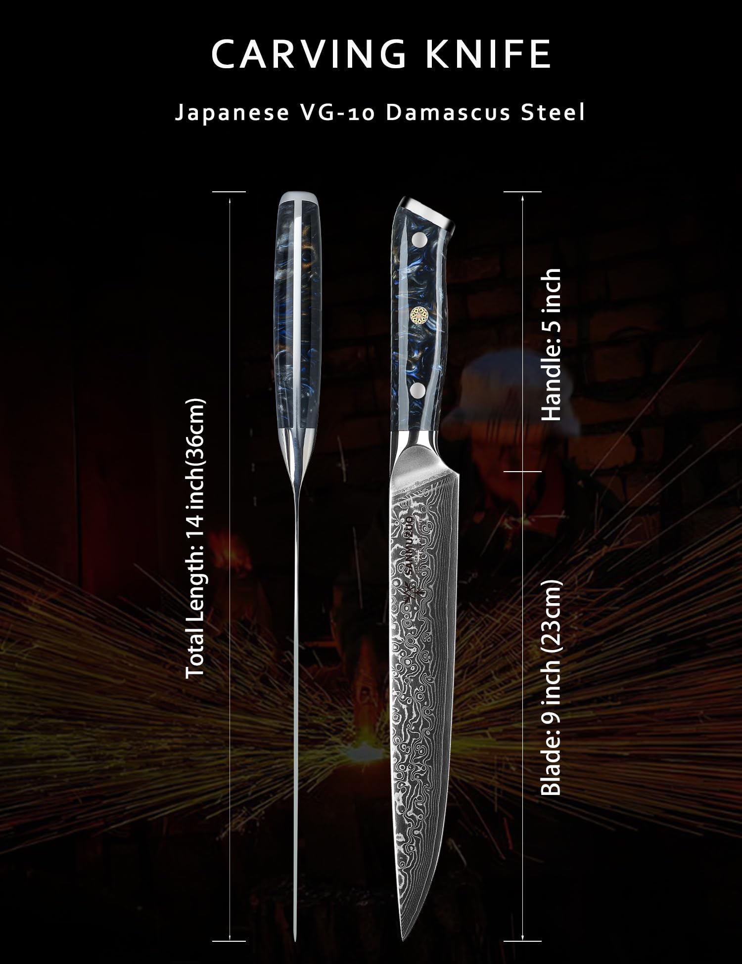 SANMUZUO Carving Knife - 9 inch Slicing Knife- Xuan Series - VG10 Damascus Steel Kitchen Meat Cutting Knife - Resin Handle (Starry Black)