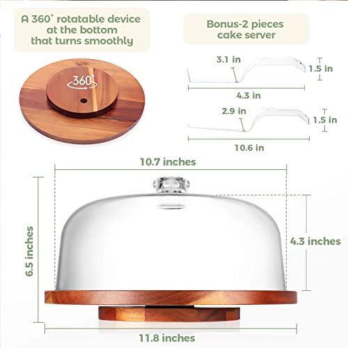 WEHOME Rotating Cake Stand with Dome,Acacia Wood with Acrylic Lid,Revolving Cake Diaplay Plate Holder with Clear Cake Cover for Cakes,Cupcakes,Pastries,Cookies,Desserts&etc.