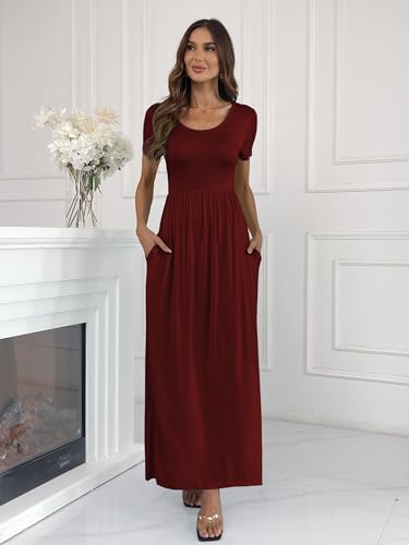 HAOMEILI Women's Short Sleeve Loose Plain Long Maxi Casual Dresses with Pockets L Wine Red