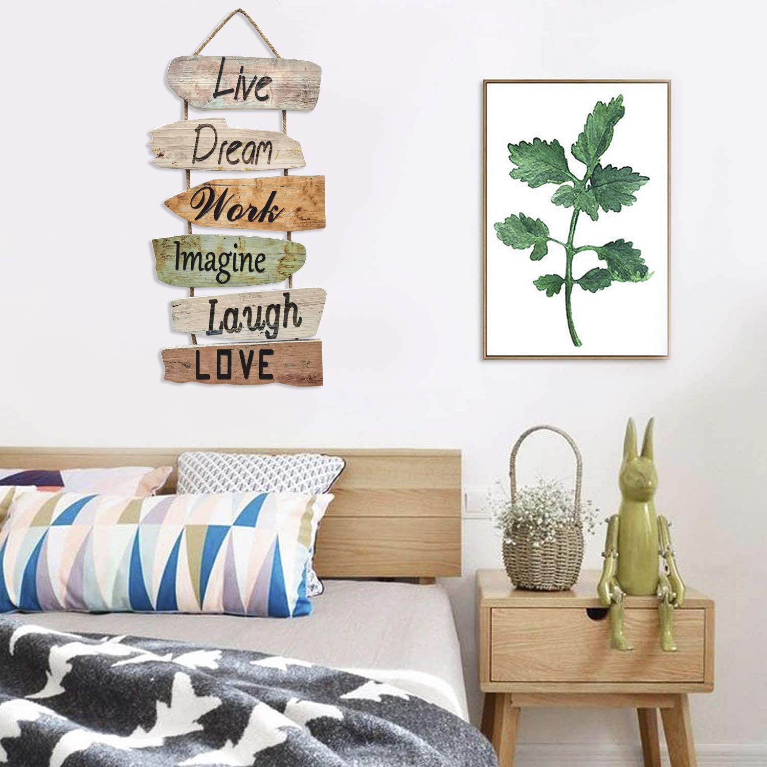 Hanging Wall Sign Rustic Wooden Wall Sign (Live, Dream, Work, Imagine, Laugh, Love) Wood Wall Decoration for Home Decor