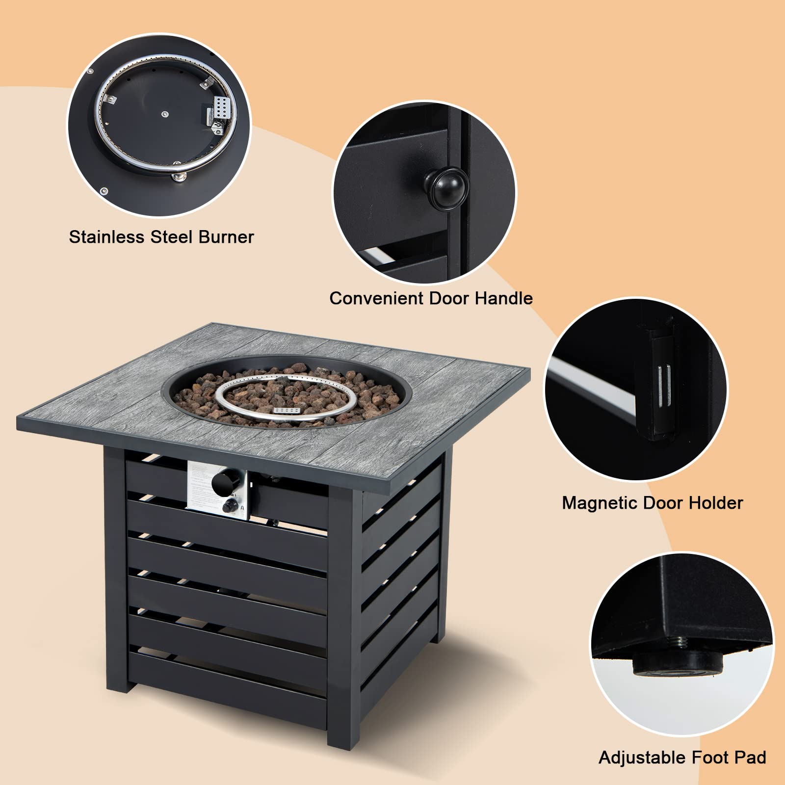 Happygrill 50,000 BTU Fire Pit Table Outdoor Auto-Ignition Propane Firepit Table, 32” Square Firepit with Waterproof Cover Lava Rocks for Patio Backyard Balcony