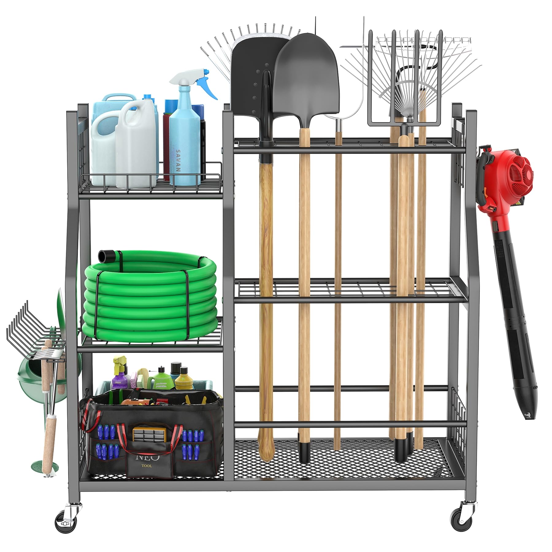 WALMANN Garden Tool Organizer with Wheels for Garage, Large Storage Capacity, Rakes/Shovels/Yard Tools Storage Stand for Shed, Garden, Indoor/Outdoor Long-Handled Tools Rolling Cart