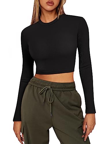 Trendy Queen Long Sleeve Shirt Women Ribbed Basic Cute Cropped Tight Slim Fitted Shirts Fall Fashion Y2k Crop Tops Teen Girls 2023 Trendy Black
