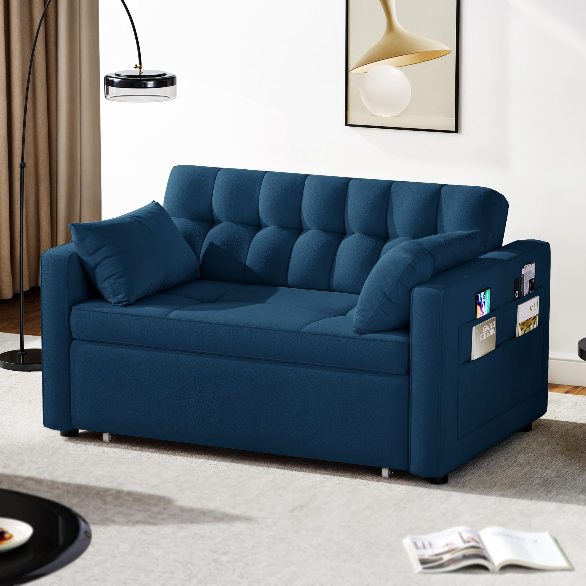 YITAHOME 55" Convertible Sofa Bed, 3-in-1 Sleeper Sofa with Pull-Out Bed, Cat-Scratch-Proof Fabric Futon Couch with Reclining Backrest and Side Pocket, Loveseat for Living Room, Grey, Full Size