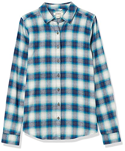 Goodthreads Women's Brushed Flannel Drop-Shoulder Long-Sleeve Shirt, Blue White Tartan, Large