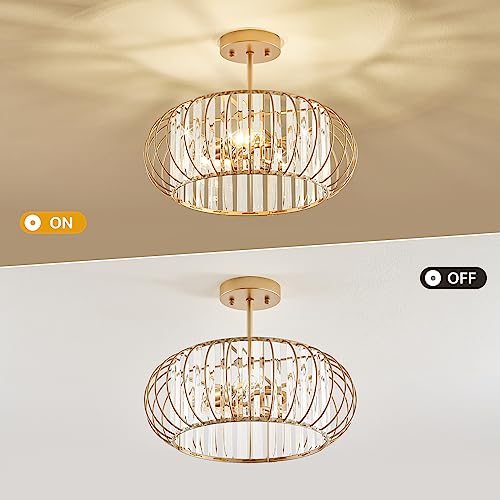 VIOLOEMI Modern Gold Close to Ceiling Light Fixtures, Crystal Semi Flush Mount Ceiling Light, Metal 3-Light Ceiling Lamp for Hallway Bedroom Living Room Dining Room(Bulb Not Include)