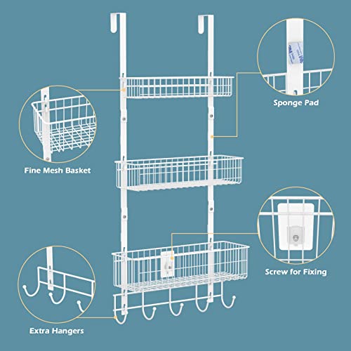 Over The Door Basket Organizer 3 Tier Hanging Kitchen Storage Rack Heavy Duty Pantry Organizer with 3 Basket and 5 Hooks Door Back Metal Wire Basket for Kitchen, Bathroom, Office, White