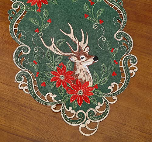 GRANDDECO Christmas holiday table runner 13X45 with Christmas deer and poinsettia crafts (Green, Table Runner 13X45(33X114cm))