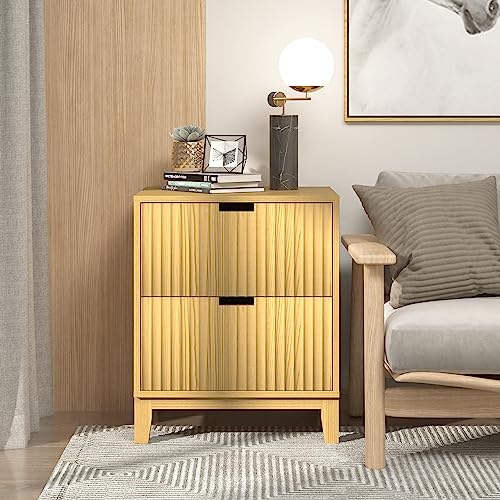 WiberWi Nightstand, Side Table, Farmhouse End Table with 2 Drawers and Open Storage, Bedside Table for Bedroom, Living Room and Small Spaces, Night Stand with Solid Wood Legs, Natural