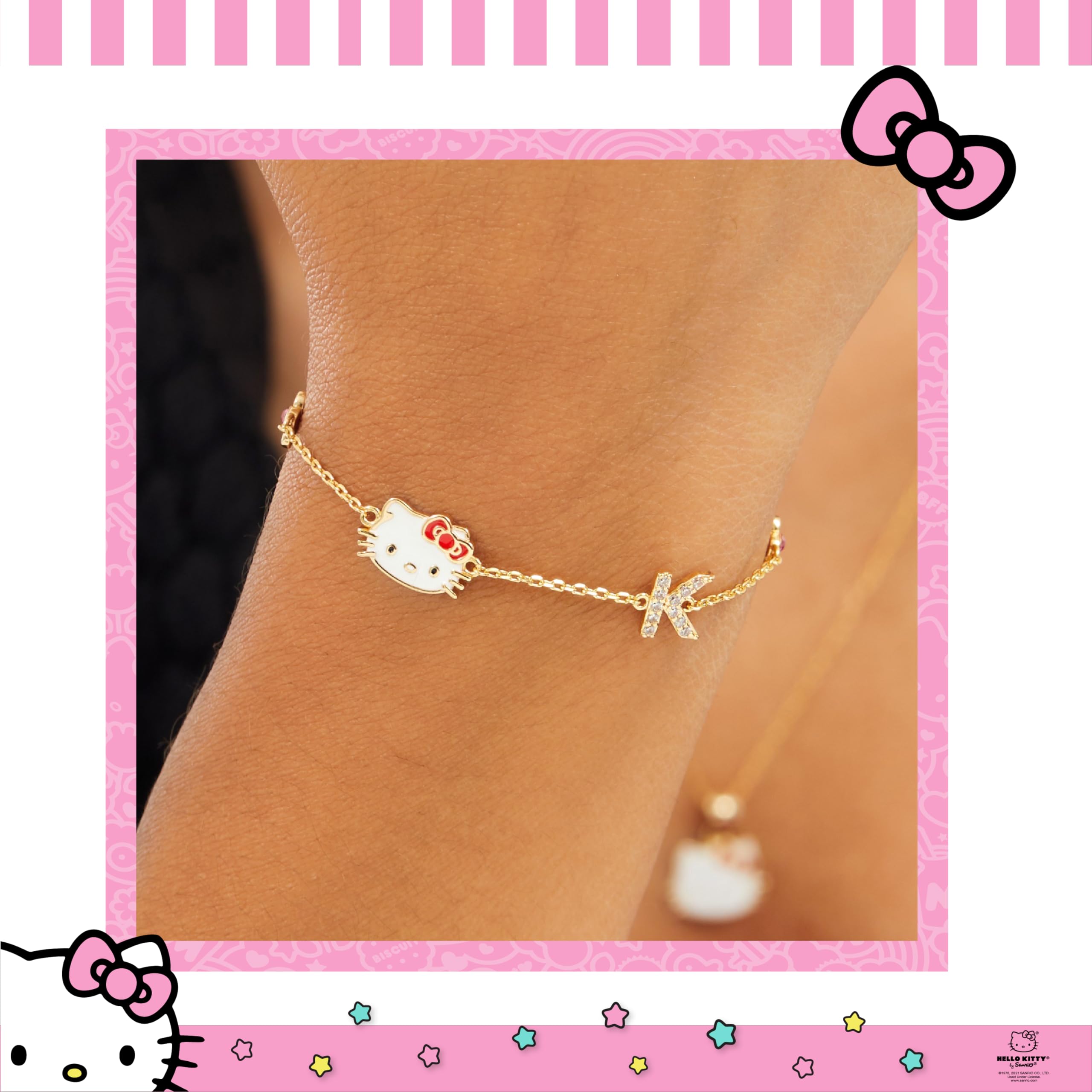 Hello Kitty Sanrio Womens Initial Bracelet 6.5" + 1"- Official License 18k Flash Plated Cubic Zirconia Letter K Bracelet