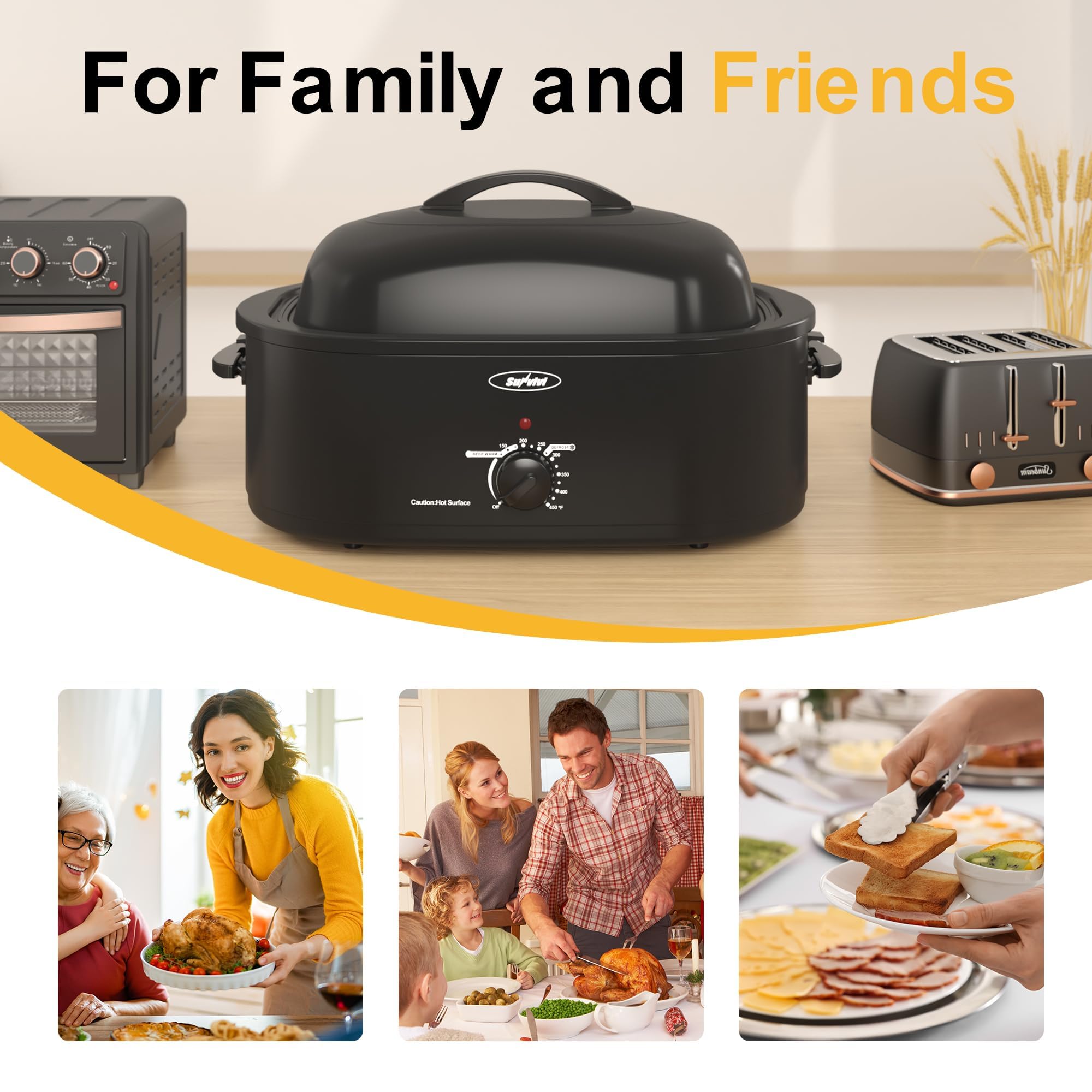 Royalcraft Roaster Oven with Self-Basting Lid, 18qt Electric Roaster with Removable Pan & Rack, Turkey Roaster Oven with Defrost & Warm Function, Stainless Steel, Black