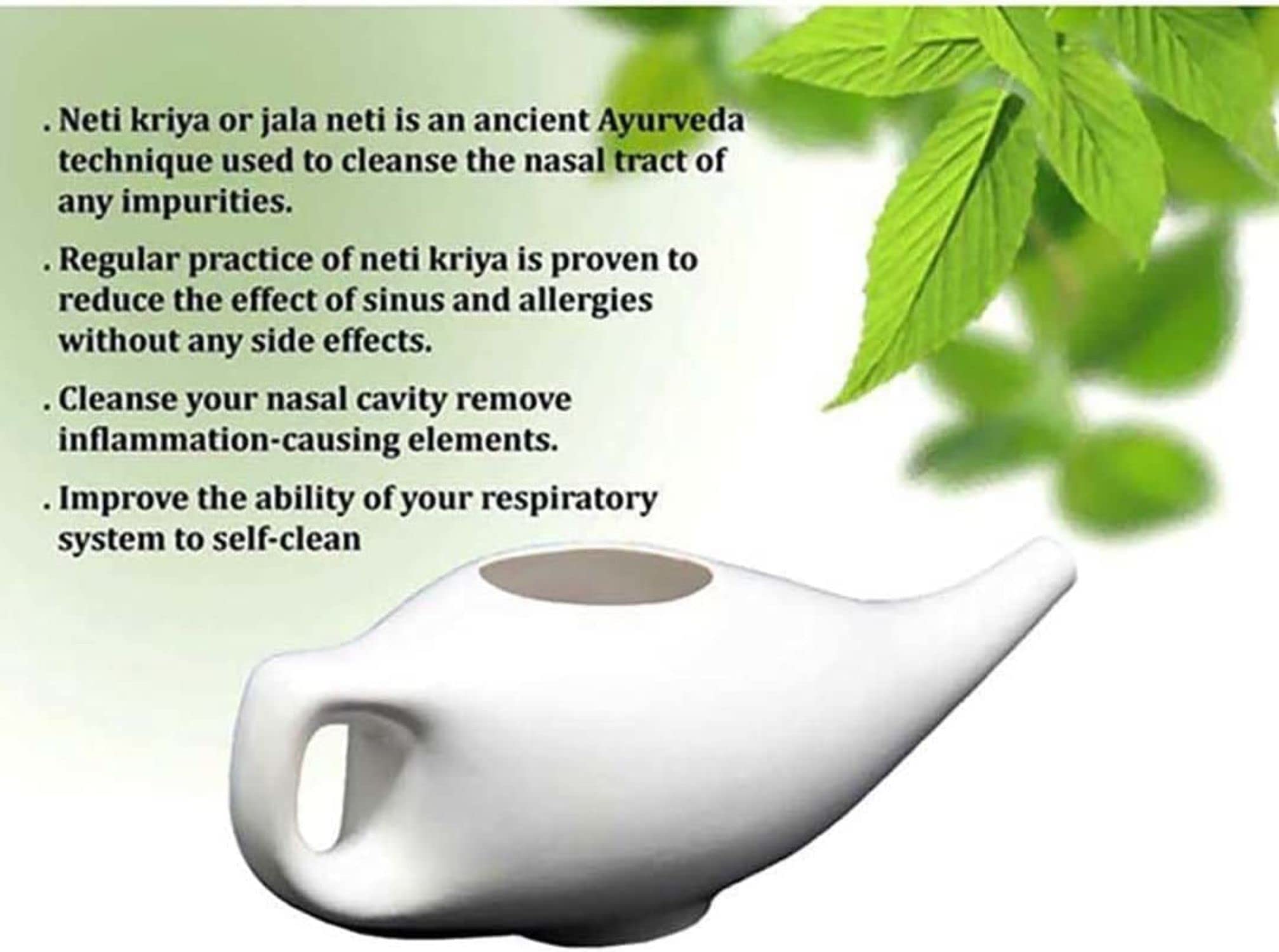 Handmade Ayurvedic Ceramic Neti Pot for Nasal Cleansing & Sinus| Premium Handcrafted Durable, Dishwasher Safe, for Nasal Cleansing + 5 Sachet Neti Salt, 225 Ml. (7.6 FL Oz) Capacity -White Color