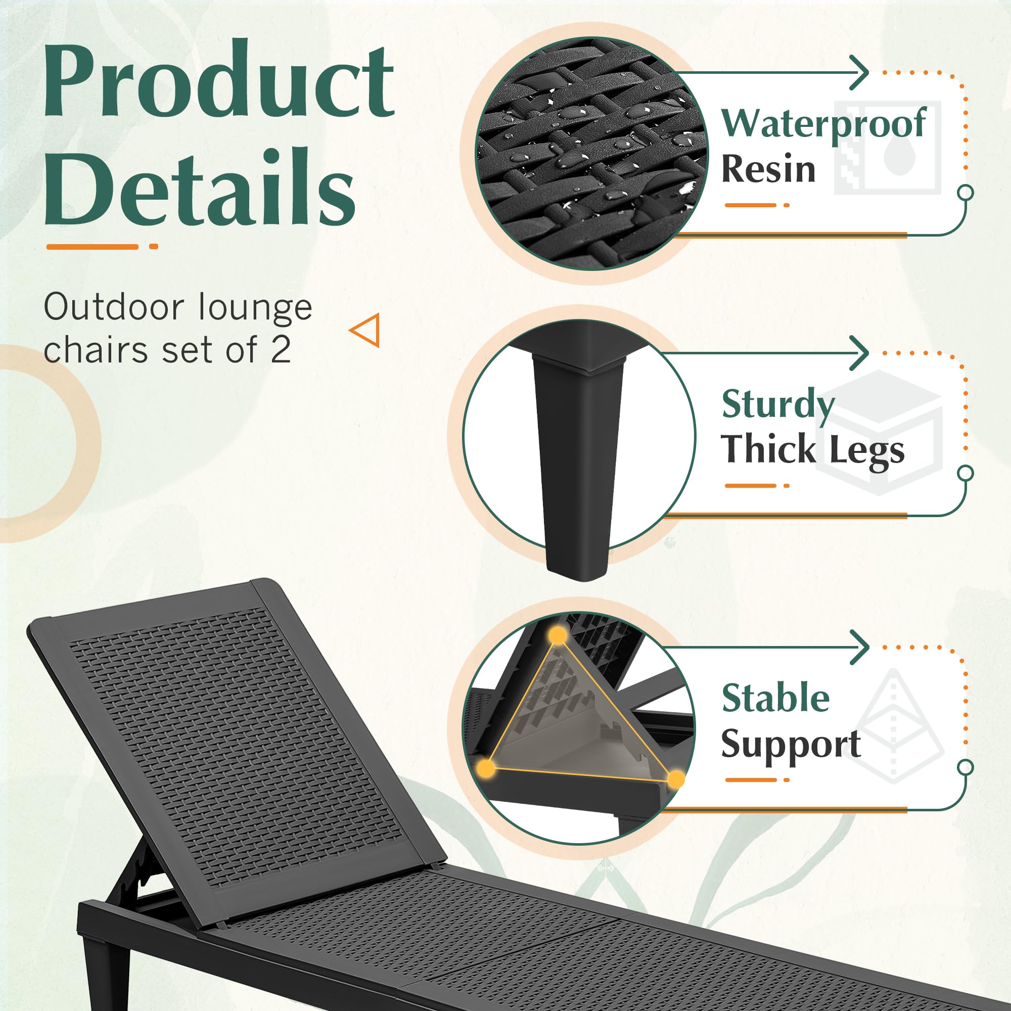 GUNJI Lounge Chairs for Outside Patio Waterproof Resin Chaise Lounge Outdoor Adjustable Lounge Chairs Set of 2 Pool Chairs Sun Loungers for Deck, Poolside and Beach (Black)