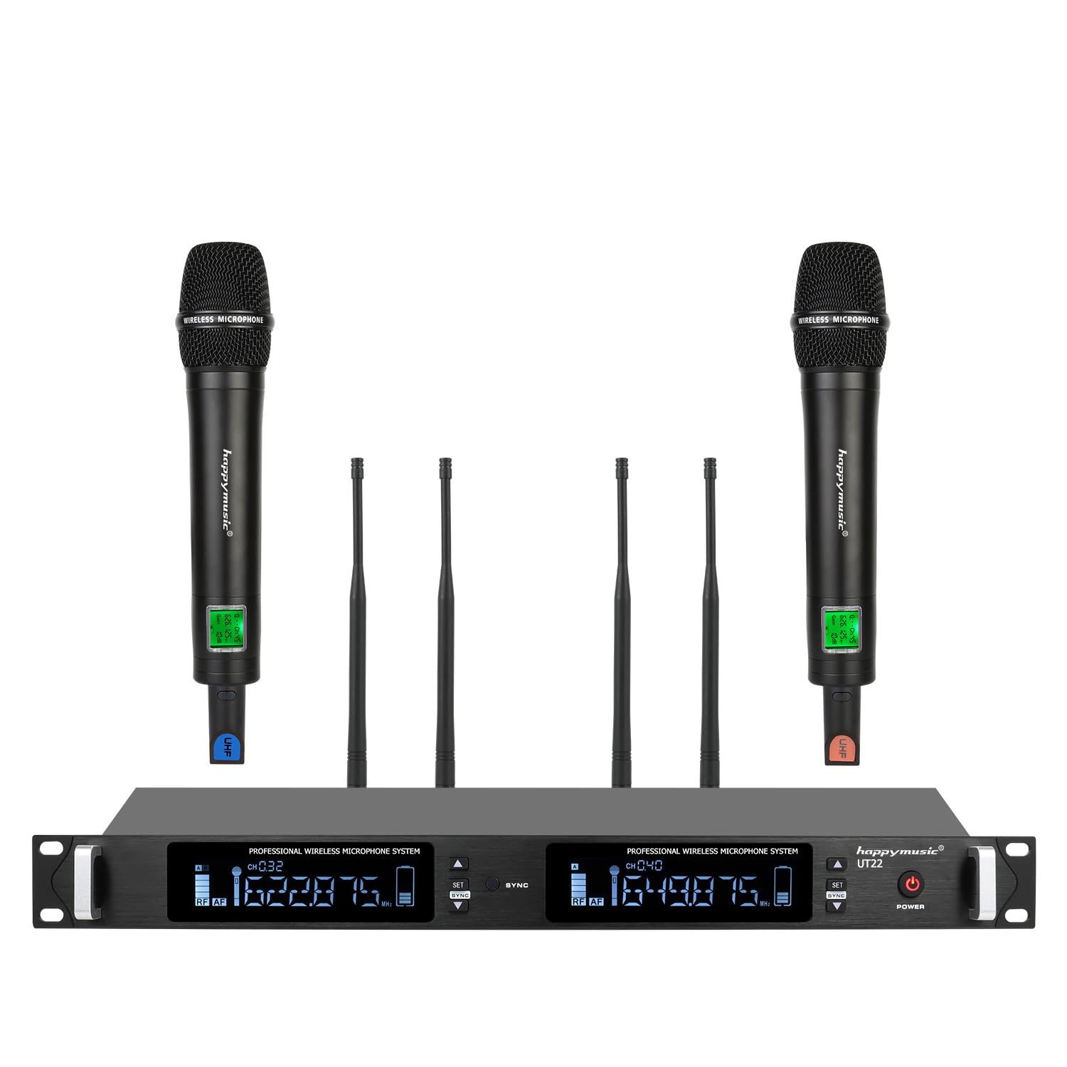 happymusic Professional UHF Wireless Microphone System, 2 Channel Metal Microphone Set of 2 Handheld Cordless Mics, Auto Scan, Up to 350ft for Singing, Home Karaoke, Church, Wedding (UT22)
