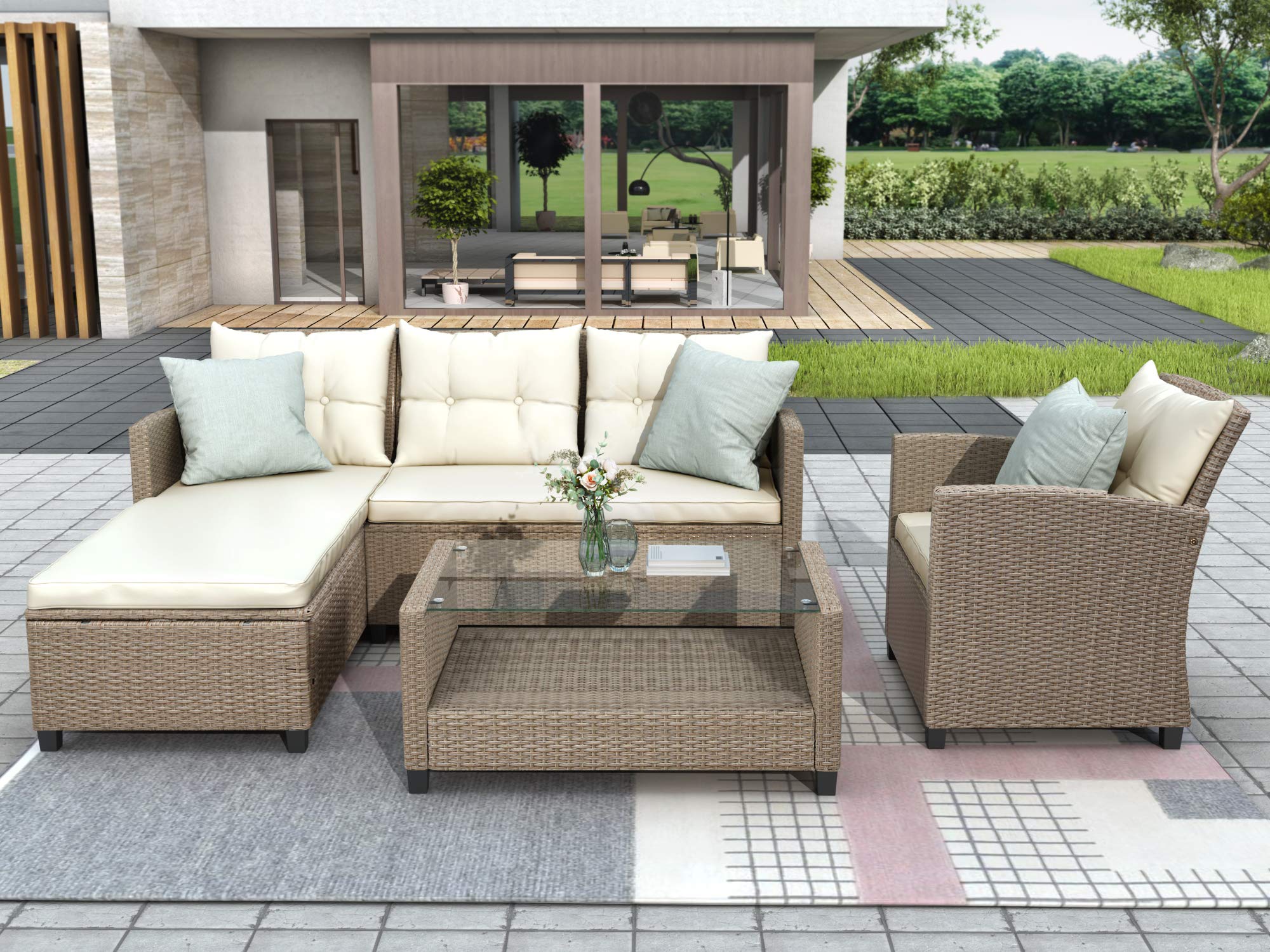HomSof Outdoor Conversation Sets Wicker Furniture 6 Pieces Patio Table and Chairs with Bench and Cushions, Gray, 8 Seater