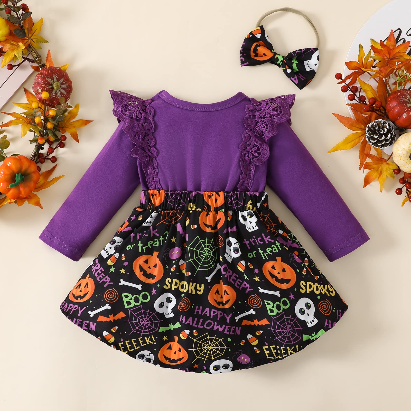 Guodeunh Newborn Baby Girl Halloween Outfits Ruffle Pumpkin Romper Tunic Drees Long Sleeve Skirt Set+Headband Fall Winter Clothes(Purple- Black,12-18 Months)