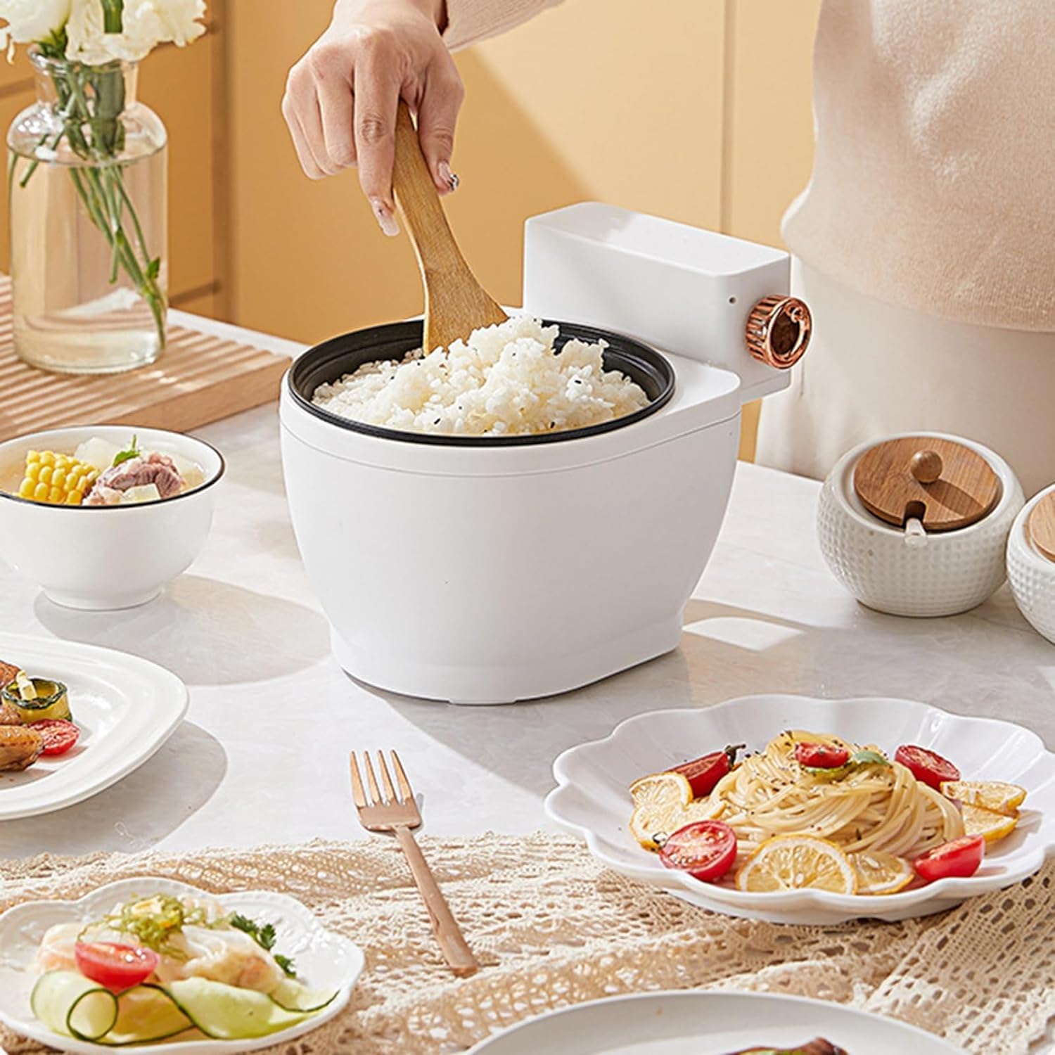 Small Rice Cooker Toilet Shaped Electric Cooker Slow Cooker, Fun Rice Cooker, 2 Quart 6 Cups Cooked Rice (3 Cups Uncooked Rice) Suitable for Pasta, Noodles, Soup Suitable for Dormitory, Office, white