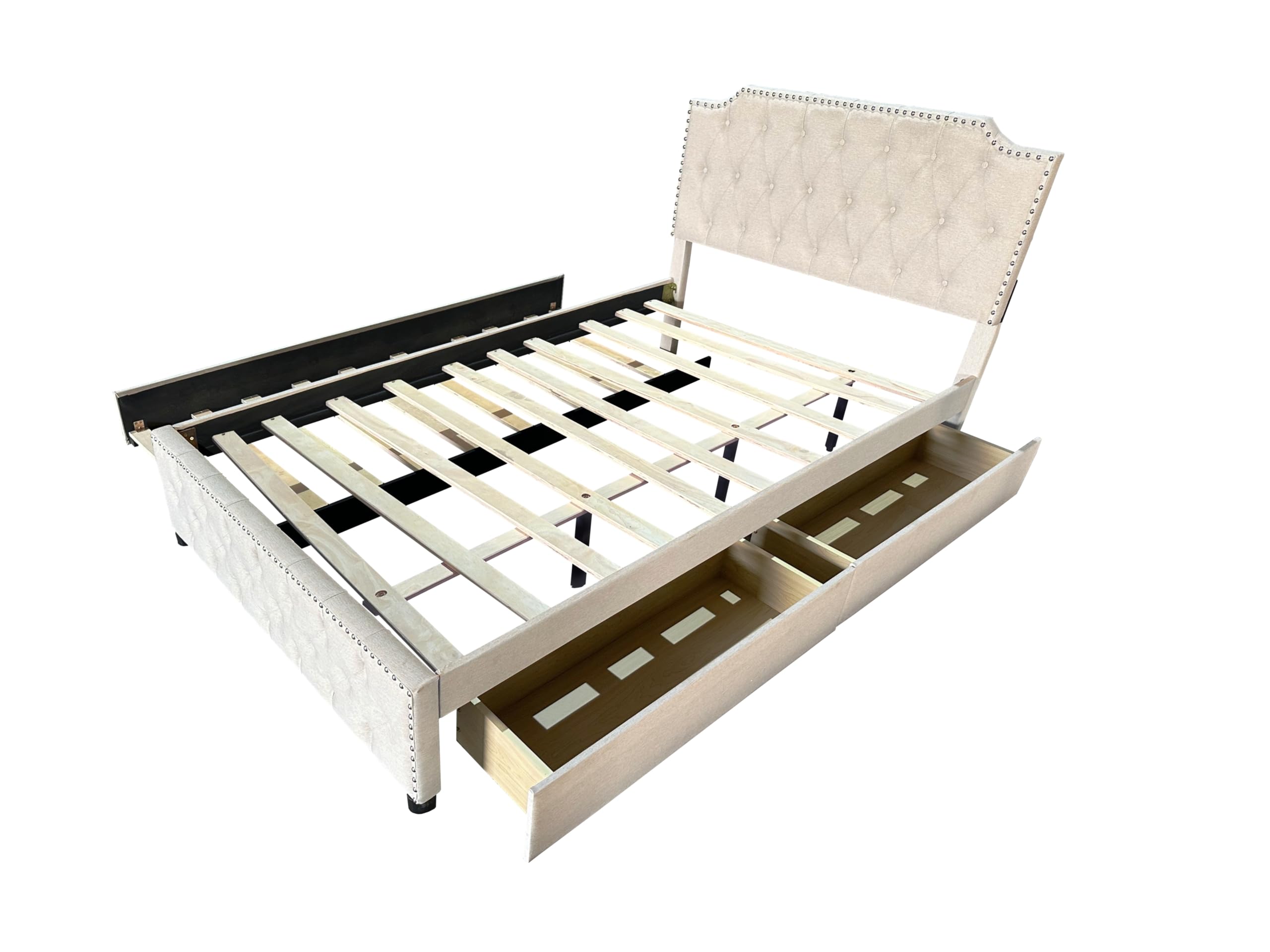 UOCFYK Upholstered Queen Size Platform Bed with Trundle & 2 Storage Drawers,Solid Wood Bedframe w/Headboard/Wood Slat Support, Easy to Assemble, No Box Spring Needed, Beige
