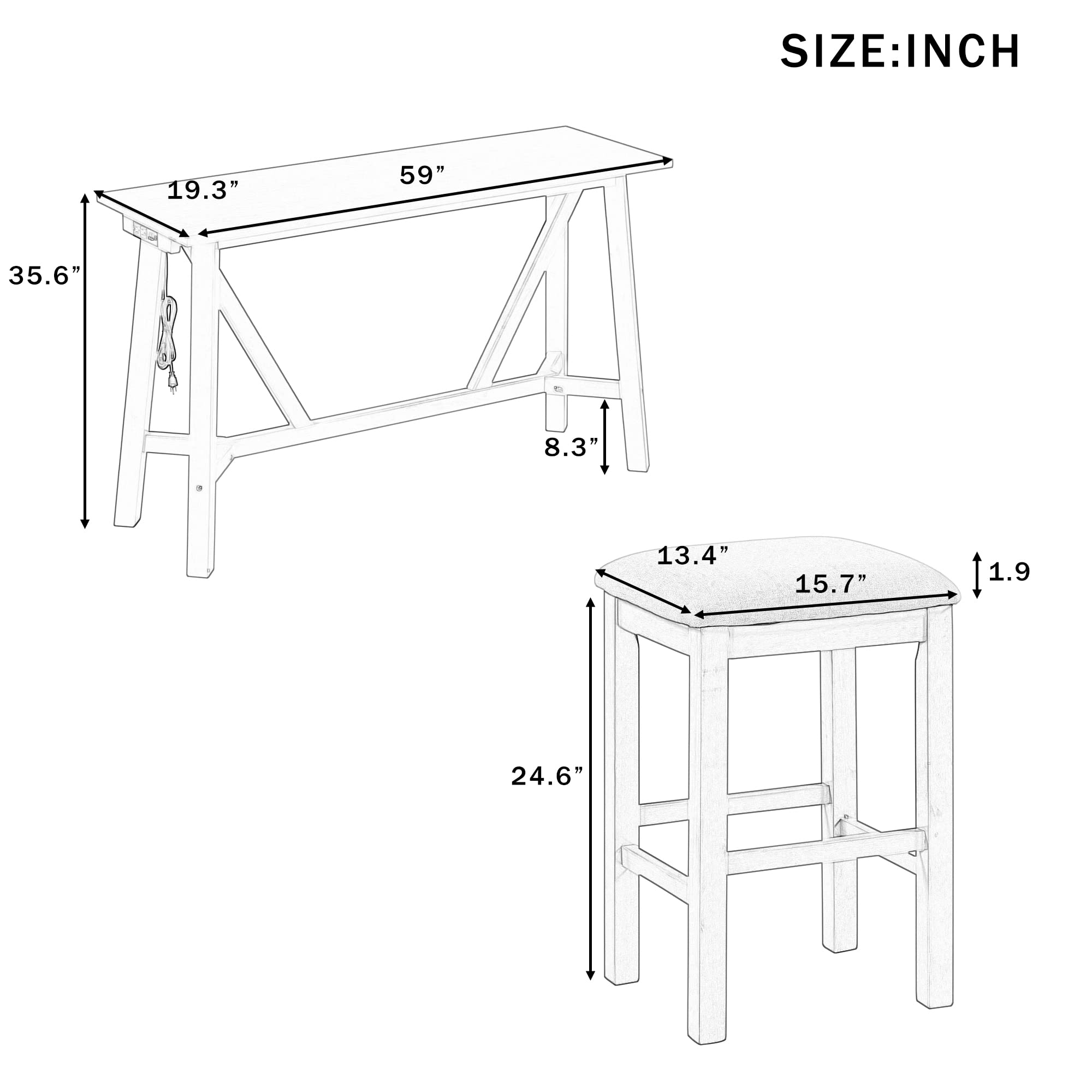 Goozio Multipurpose 4-Piece USB Port and 3 Upholstered Stools w/Footrest,Rustic Wooden Bar Chairs, Living Room, Restaurant, Small Space Dining Table Set,Gray, Onesize