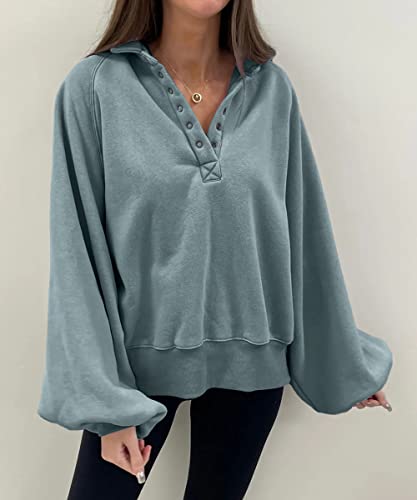 Trendy Queen Womens Sweatshirt Fall Winter Clothes Lantern Sleeve Drop Shoulder Pullover Hoodies Button Fashion Y2K Outfits Lightblue