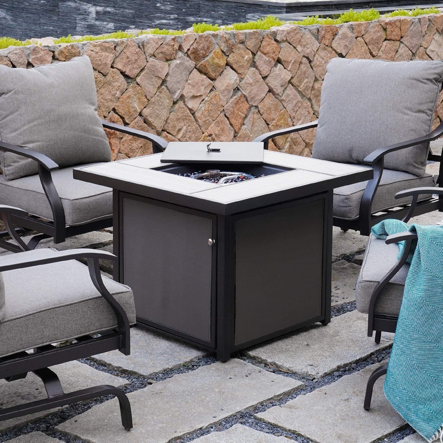 Grand Patio Outdoor 32 Inch Fire Pit Table Ceramic Tile Tabletop Propane Square Gas Fire Table with Cover/Lid for Patio Up to 40,000 BTU Heat