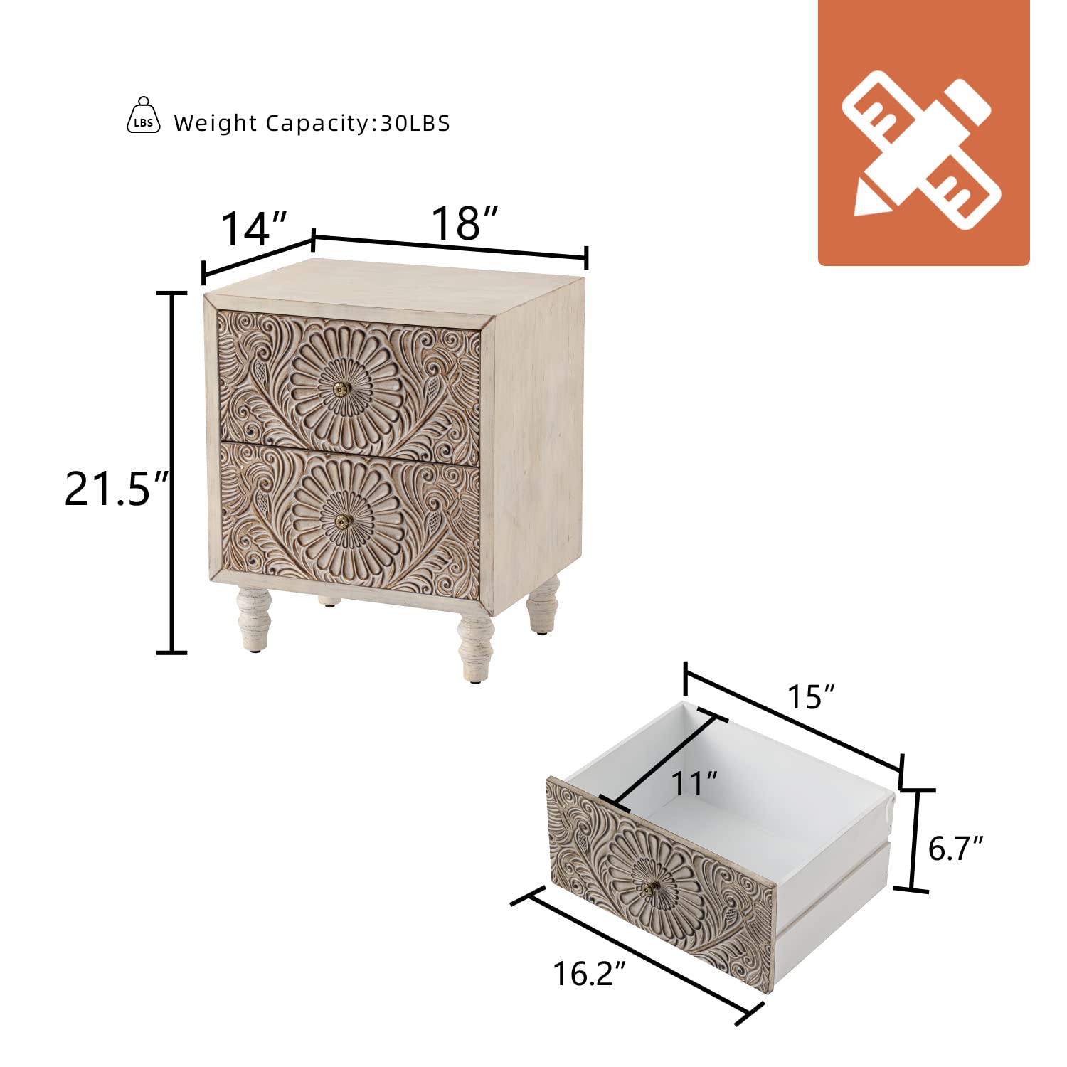 HOMPUS Nightstand, Rustic End Table with 2 Pattern Carved Drawers, Vintage Night Stand with 4 Wood Legs, Small Dresser for Bedroom, Living Room, Light Grey Grain