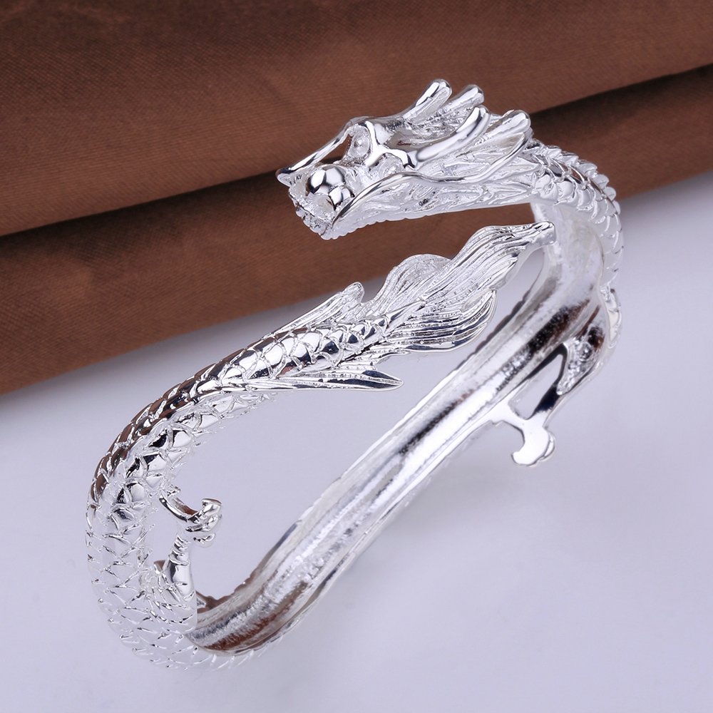 Goldenchen Fashion 925 Sterling Silver Antique Chinese Dragon Chic Lady Gentleman Bangle Bracelet