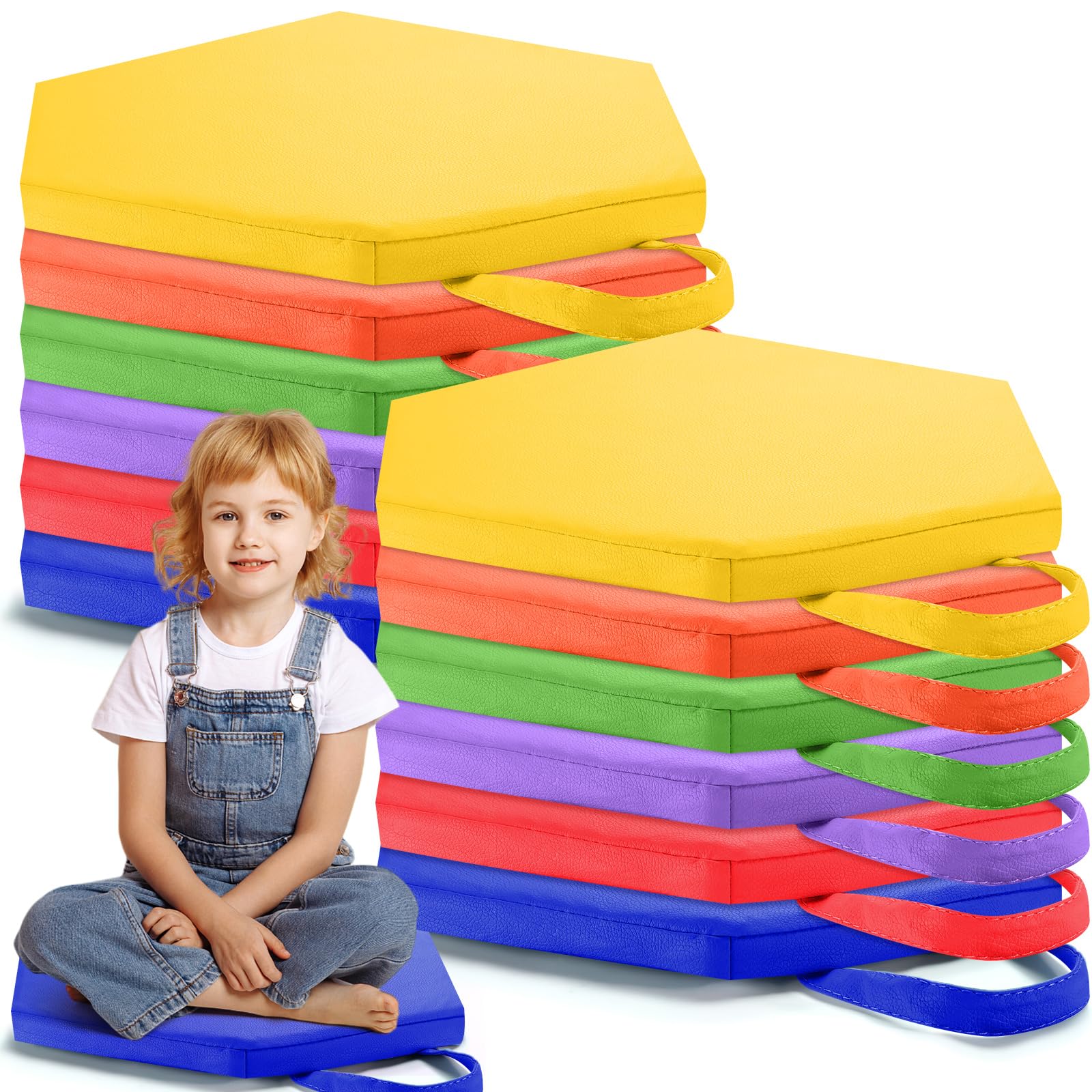 Suzile 12 Pcs 12'' Floor Cushions for Classroom Flexible Floor Seating with Handles Classroom Carpet Cushions for Kids Toddlers Daycare Preschool Furniture (Bright Color,Hexagon)