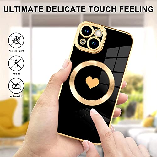 tharlet Magnetic for iPhone 14 Case Black [Compatible with Magsafe] Cute Love Luxury Plating Edge Bumper Case with Full Camera Lens Case for iPhone 14 Phone Case, Black (6.1")