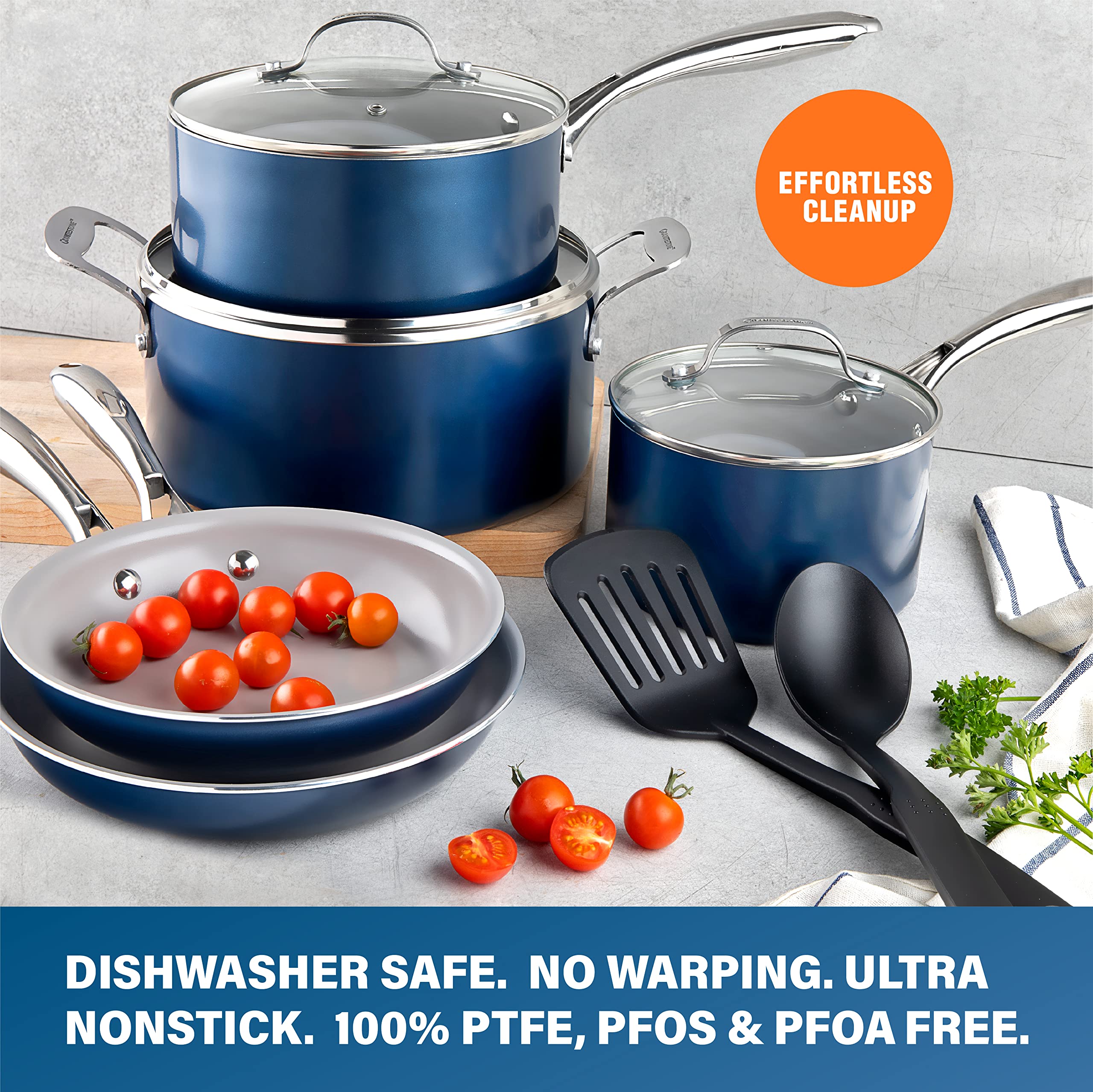 Granitestone Blue 10 Piece Nonstick Cookware Set - Pots, Pans, and Kitchen Sets - Ceramic, Dishwasher Safe