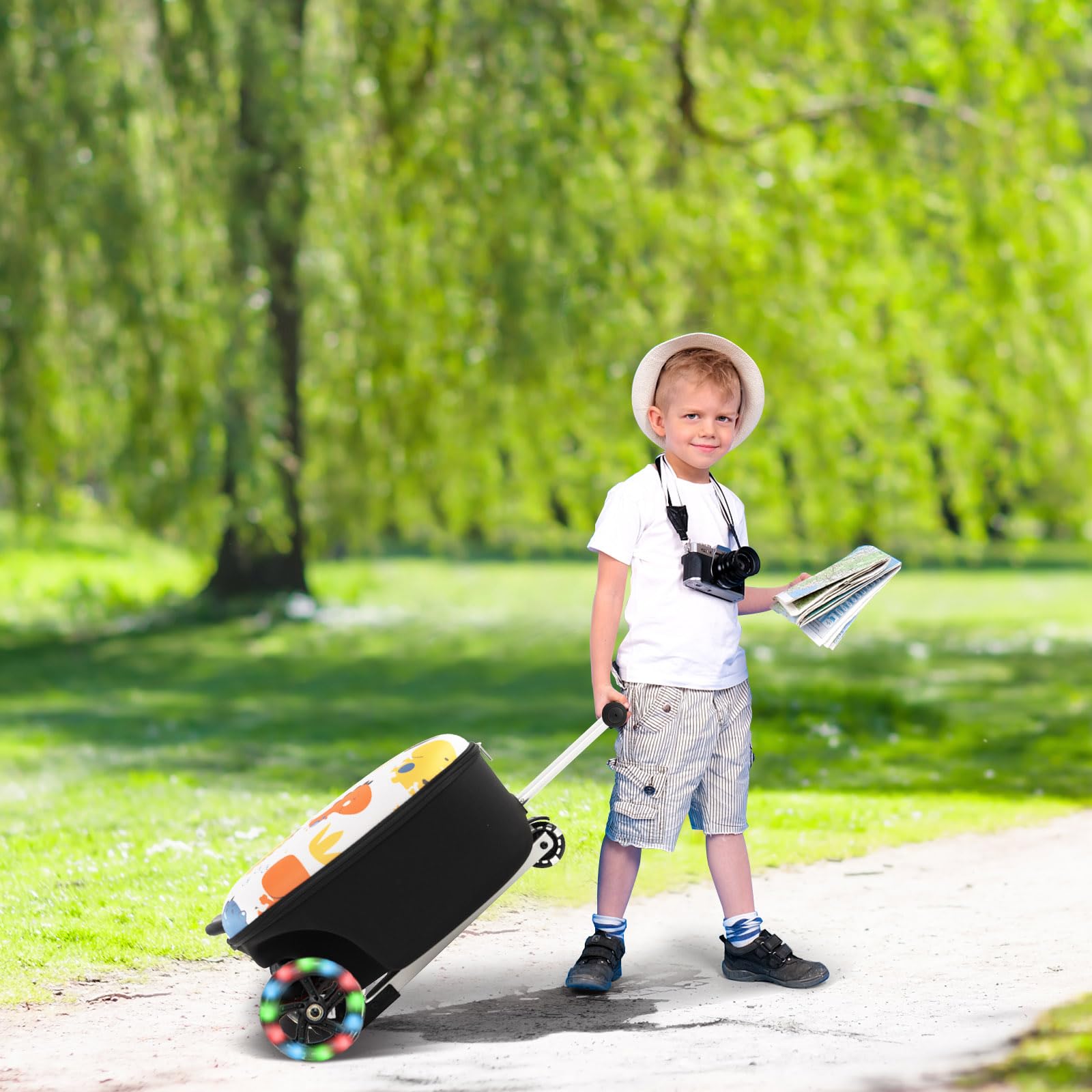 Goplus 2-in-1 Ride On Suitcase Scooter for Kids, 20ββ Carry on Luggage with LED Flashing Wheels, Waterproof Shell, Retractable Steering Handle, Lightweight Folding Scooter for Boys Girls (Dinosaur)