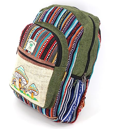 Unique Mushroom Embroidered Tie Dye Himalaya Hemp Large Hippie Backpack Festival Backpack FAIR TRADE Handmade with Love. (GREEN)