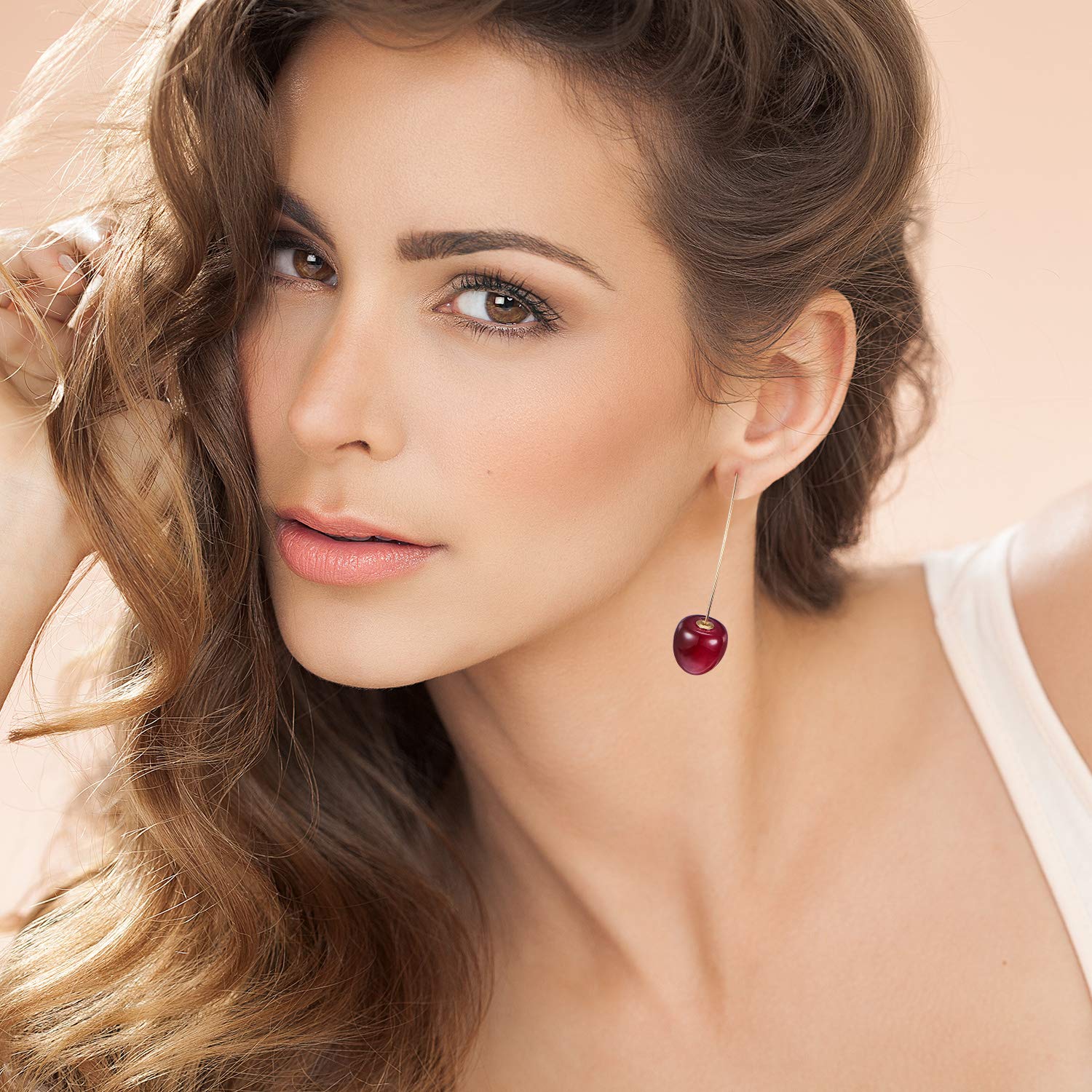Hicarer 4 Pairs Cherry Earrings Cherry Dangle Earrings 2 Sizes 3D Cherry Fruit Earrings with 10 Pieces Ear Lines for Women