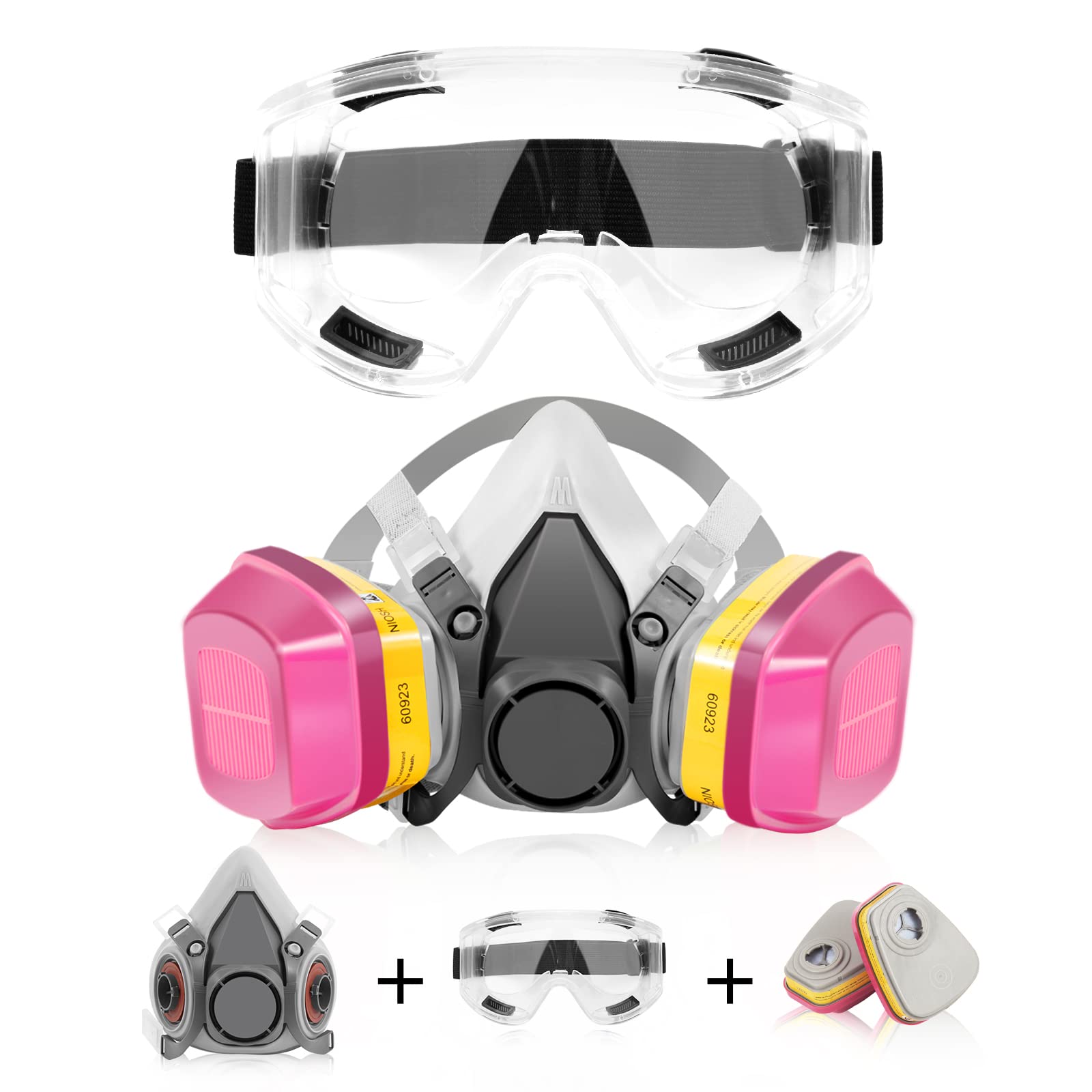 Half Face Respirator Mask with 60923 Filter, Reusable Gas Mask with Anti-Fog Goggle, Paint Mask for Dust, Painting, Organic Vapor, Epoxy Resin, Welding, Construction Work, Woodworking, Chemical