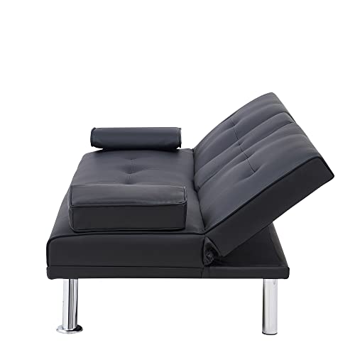 Ucloveria Modern Faux Leather, Multifunctional Sofa Bed, Convertible Folding Recliner Lounge Futon Couch for Living Room with 2 Cup Holders with Armrest(Black)