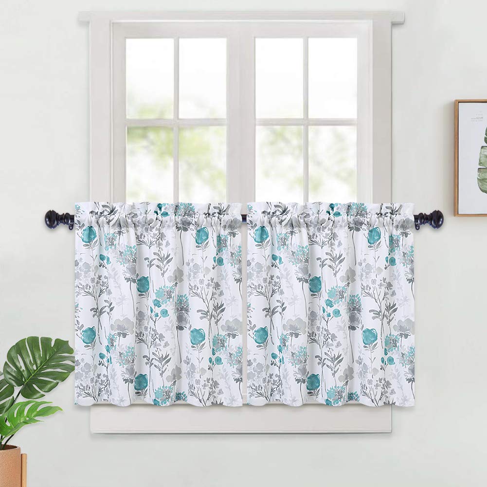 Haperlare Cafe Curtains 24 Inch, Navy Blue Leaf Flower Printed Short Tier Curtains for Kitchen Bathroom Window Curtain, Navy Blue/Light Blue