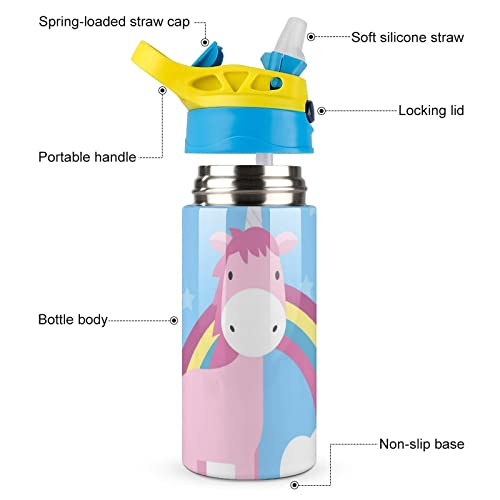 Thermos Cup 500Ml Rainbow Unicorn Insulated Water Bottle With Straw For Sports And Travel 7.5x2.7 in