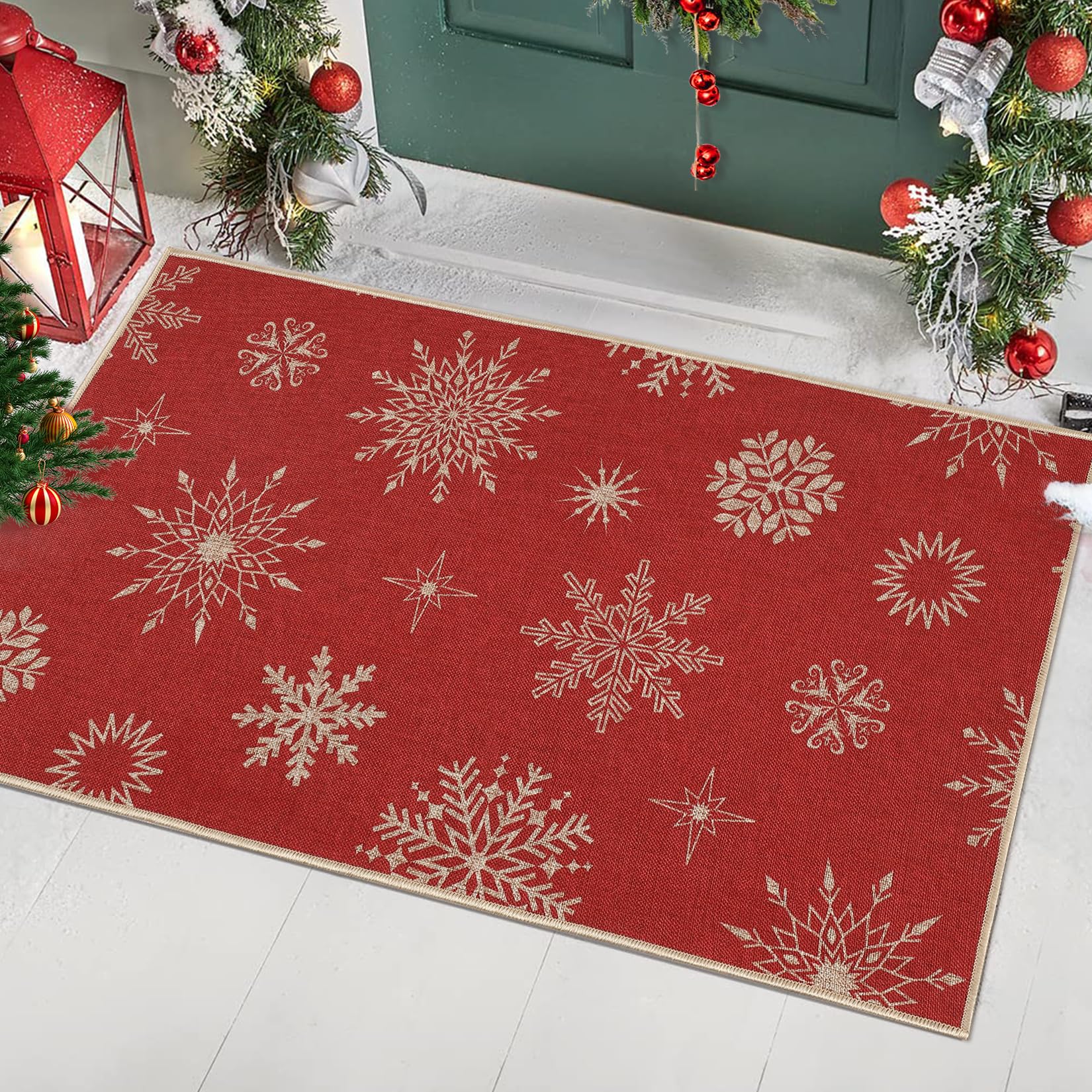Haperlare Christmas Decorative Doormat 17x29 Snowflake Welcome Mat Merry Christmas Entrance Doormat Non Slip Doormat for Indoor Outdoor Living Room, 17" x 29"