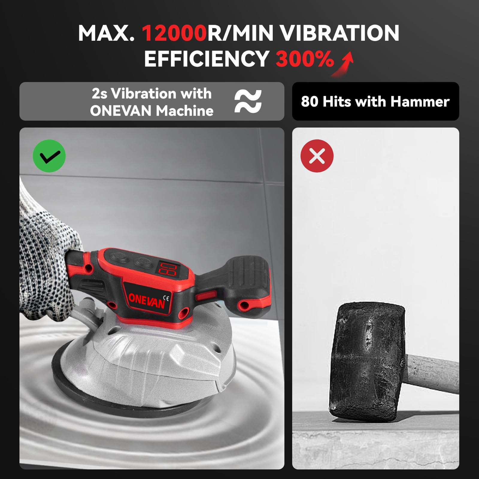 Tile Vibration Tool with 2 x 20V Batteries, Tile Installation Leveling Machine 18000r/Min, Tile Suction Cup Vibrating Tool 200kg Adsorption, 8 Adjustable Speed & LCD Display for Floor, Tile, Wall