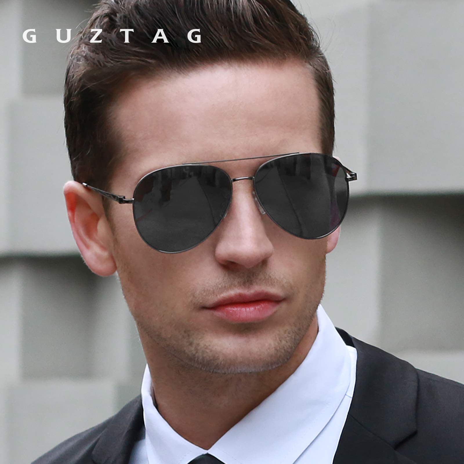 Guztag Classic Aviator Polarized Sunglasses For Men UV400 Protection Lens Stainless Steel G8259 (black & dark gray)