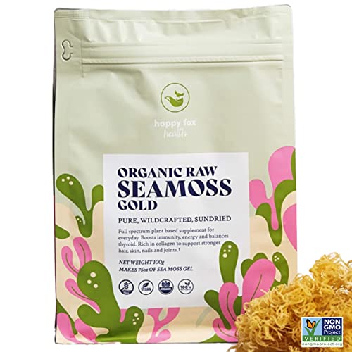HAPPY FOX Sea Moss Raw Organic for Organic Seamoss Gel Makes 75oz of Dr Sebi Sea Moss Gel - Certified Non-GMO, Wildcrafted Organic Raw Sea Moss - 75 Days Supply of Seamoss Gel - 100 Gram Bag