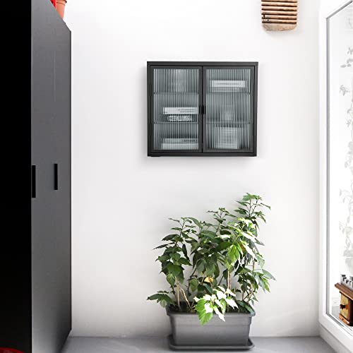 HomSof Haze Double Glass Door Wall Cabinet with Detachable Shelves for Office, Dining Room,Living Room, Kitchen and Bathroom, Black